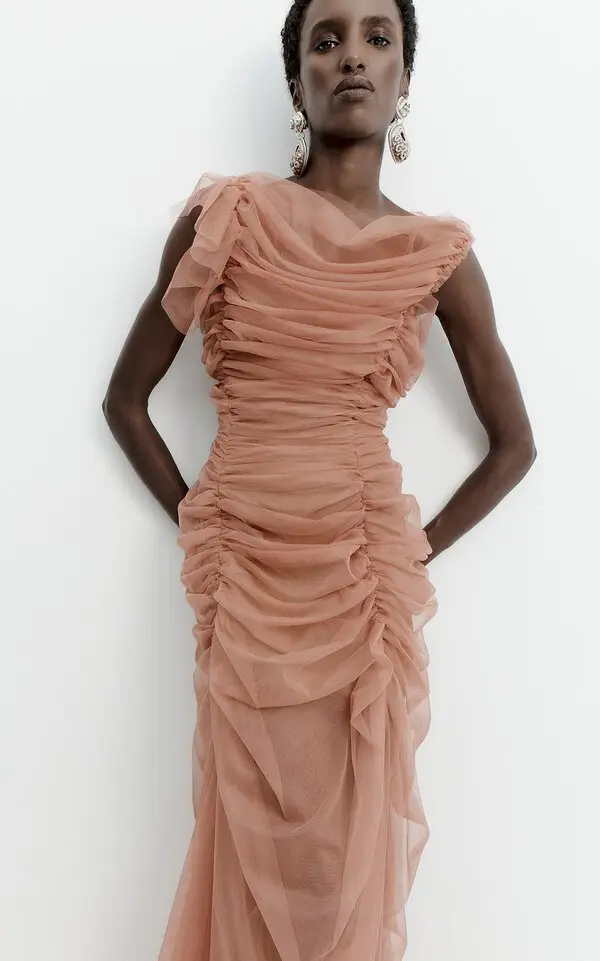 DE LA VALI Zarela Asymmetric Gathered Tulle Maxi Dress - Pink