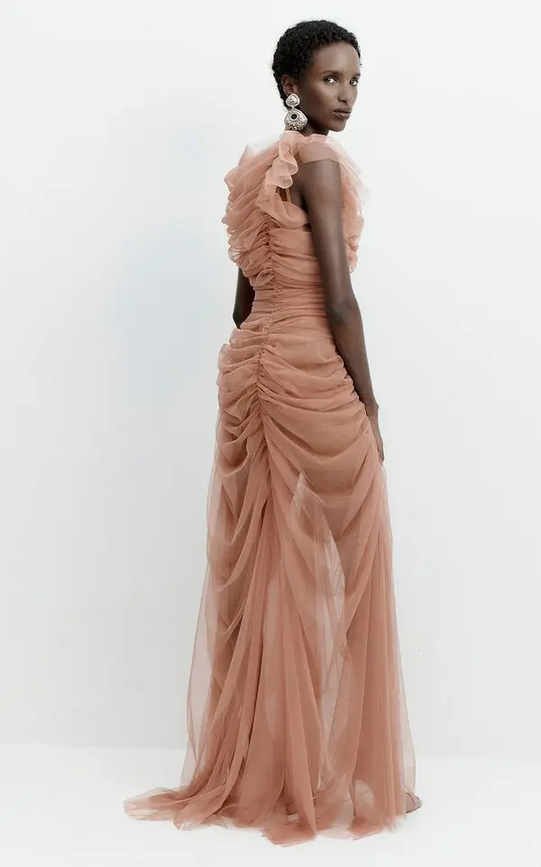 DE LA VALI Zarela Asymmetric Gathered Tulle Maxi Dress - Pink