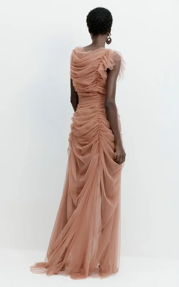 DE LA VALI Zarela Asymmetric Gathered Tulle Maxi Dress - Pink