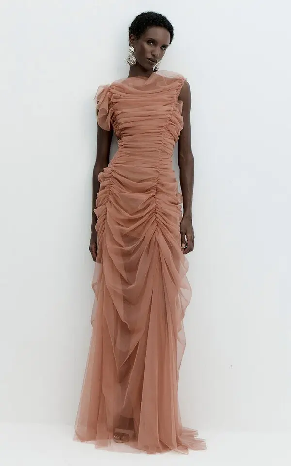 DE LA VALI Zarela Asymmetric Gathered Tulle Maxi Dress - Pink