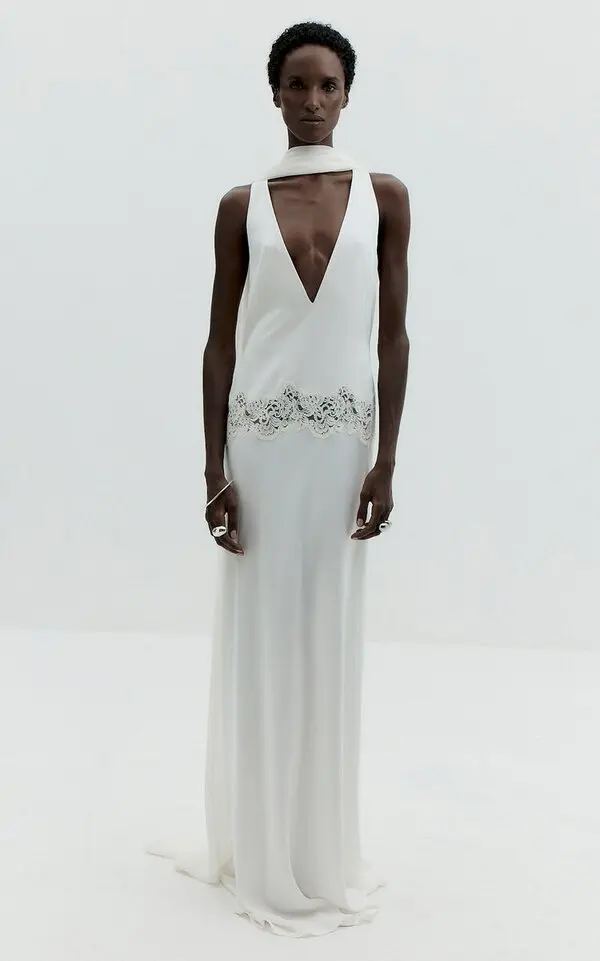 DE LA VALI Azurite Halter Neck Lace Maxi Dress - Ivory