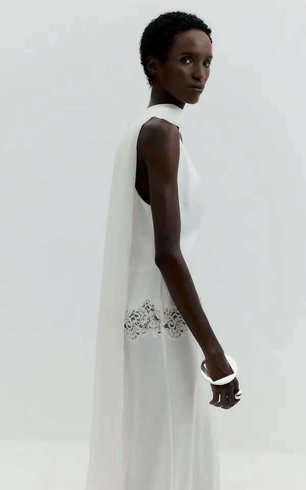 DE LA VALI Azurite Halter Neck Lace Maxi Dress - Ivory