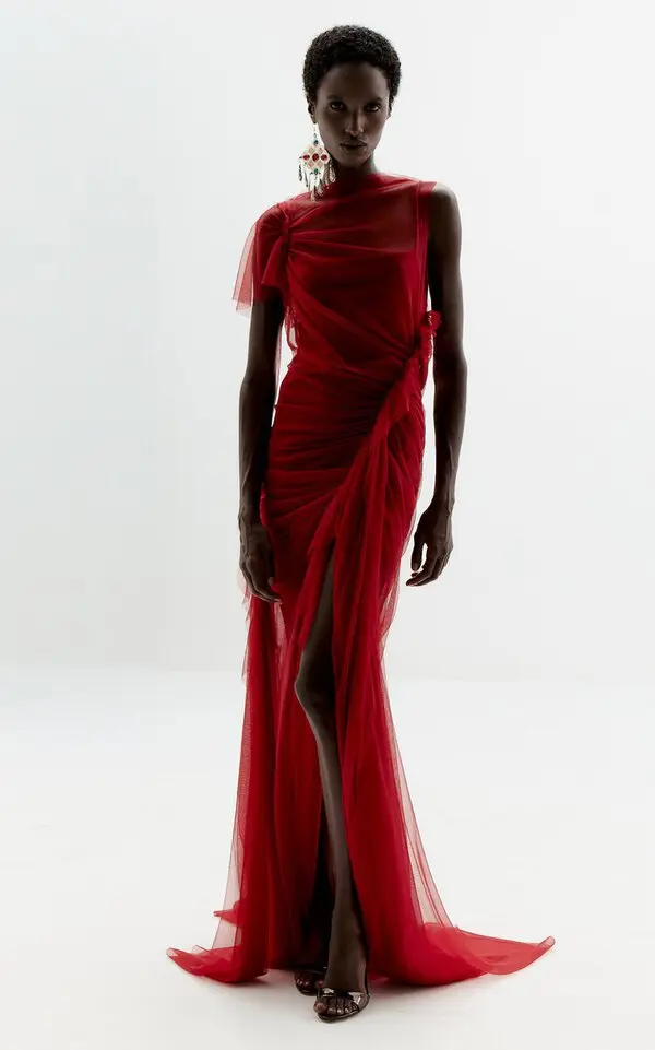 DE LA VALI Sapphire Tulle Maxi Dress - Red