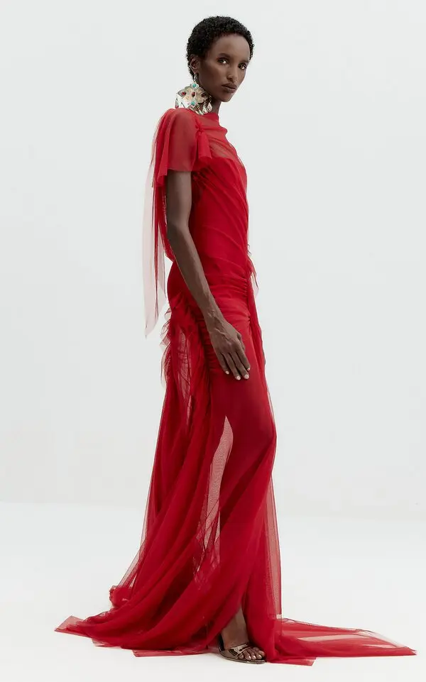 DE LA VALI Sapphire Tulle Maxi Dress - Red
