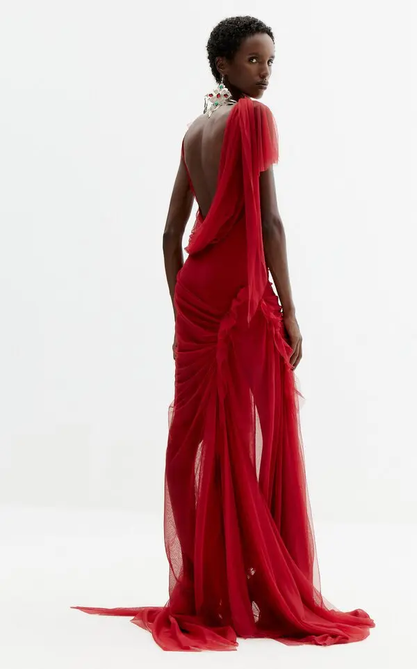 DE LA VALI Sapphire Tulle Maxi Dress - Red