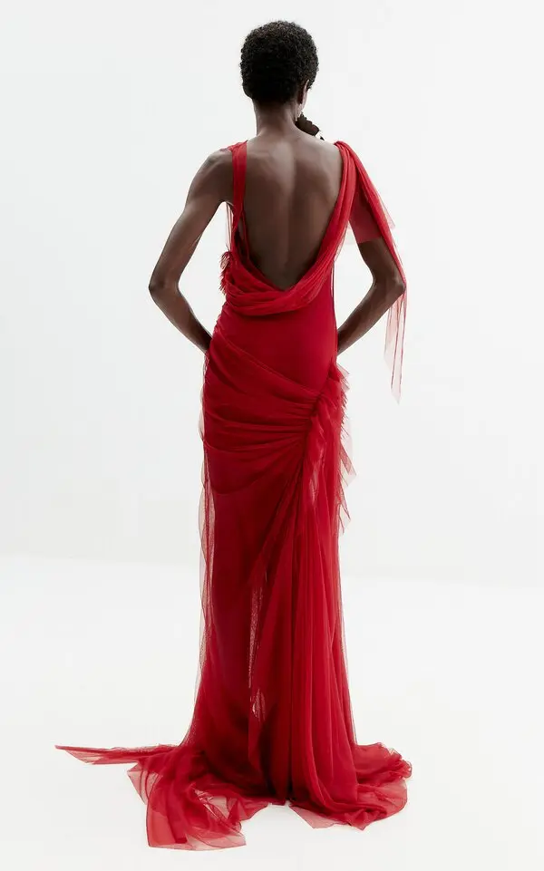 DE LA VALI Sapphire Tulle Maxi Dress - Red