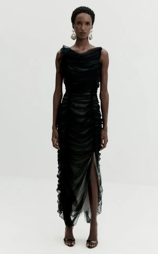 DE LA VALI Zarela Asymmetric Gathered Tulle Midi Dress