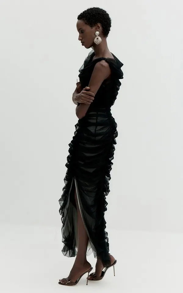 DE LA VALI Zarela Asymmetric Gathered Tulle Midi Dress