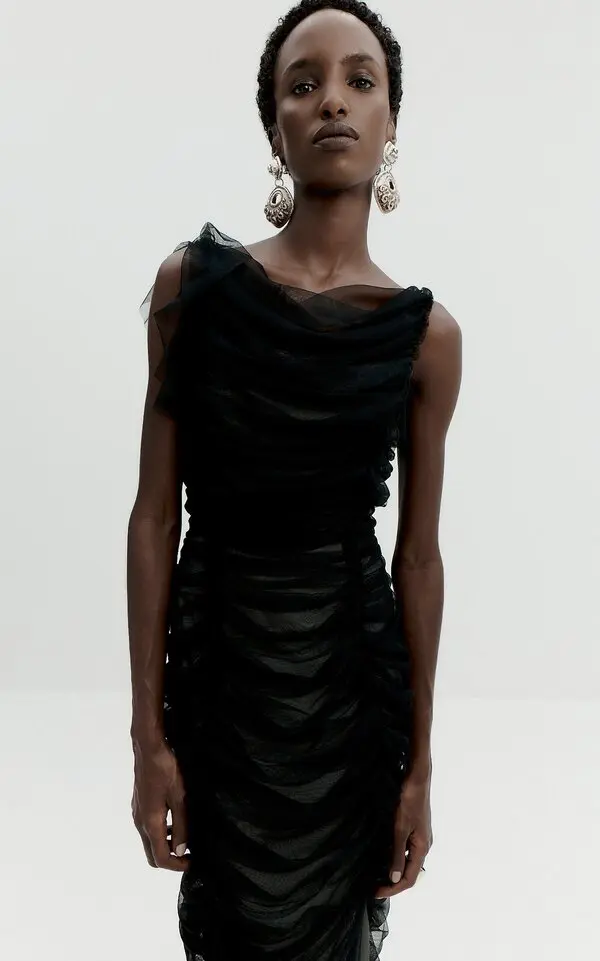 DE LA VALI Zarela Asymmetric Gathered Tulle Midi Dress