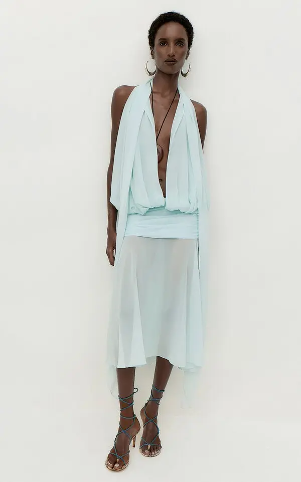 DE LA VALI Indigo Sheer Halter Neck Midi Dress