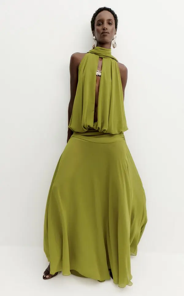 DE LA VALI Indigo Sheer Halter Maxi Dress