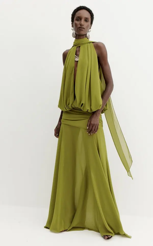 DE LA VALI Indigo Sheer Halter Maxi Dress