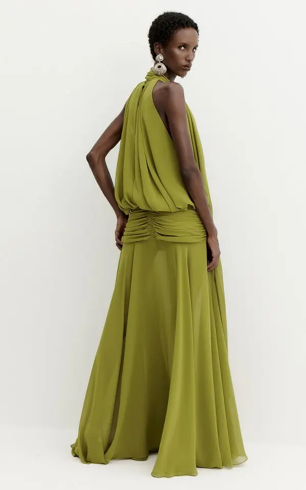 DE LA VALI Indigo Sheer Halter Maxi Dress