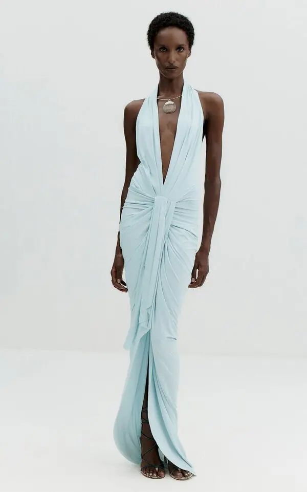 DE LA VALI Elaria Halter Neck Maxi Dress - Light Blue