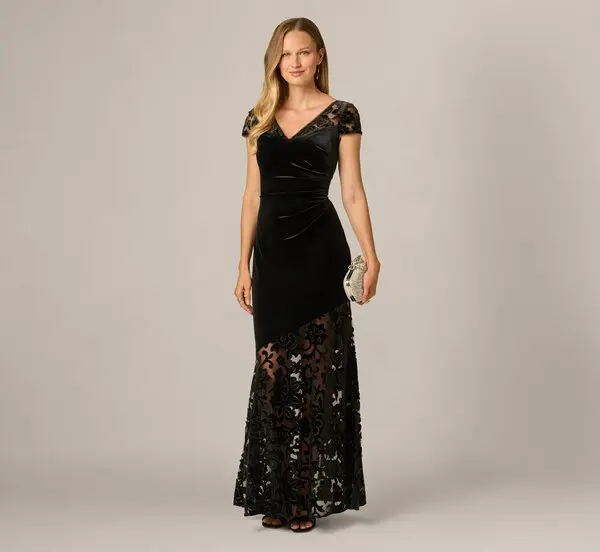 Adrianna Papell Cap Sleeve Floral Burnout Stretch Velvet Illusion Gown - Black