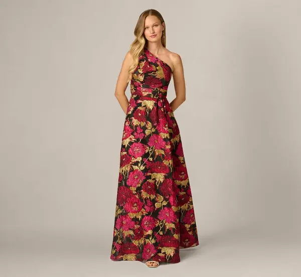 Adrianna Papell One Shoulder Metallic Floral Jacquard Gown In Black Pink Multi - Black/pink Multi