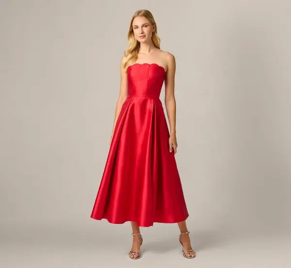 Adrianna Papell Strapless Scalloped Fit And Flare Ankle Length Dress - Red