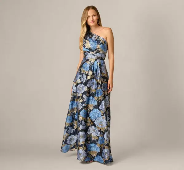 Adrianna Papell One Shoulder Metallic Floral Jacquard Gown In Navy Blue Multi - Navy/blue Multi