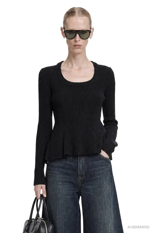 Alaïa Ribbed Peplum Top - Black