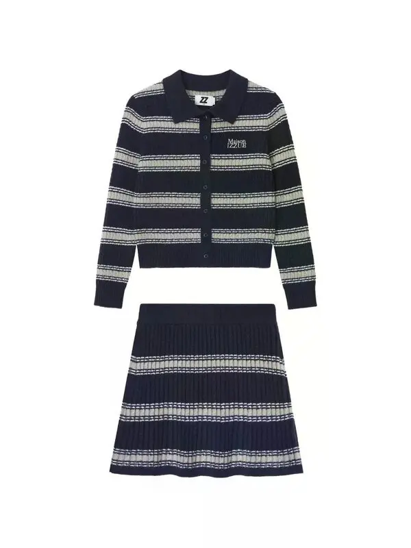 Izzue Striped Cable-knit Mini Skirt And Cardigan Set
