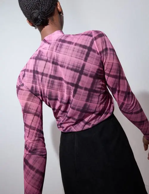Whistles Check Print Mesh Top