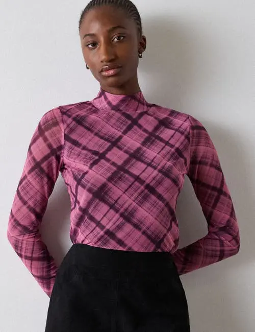 Whistles Check Print Mesh Top