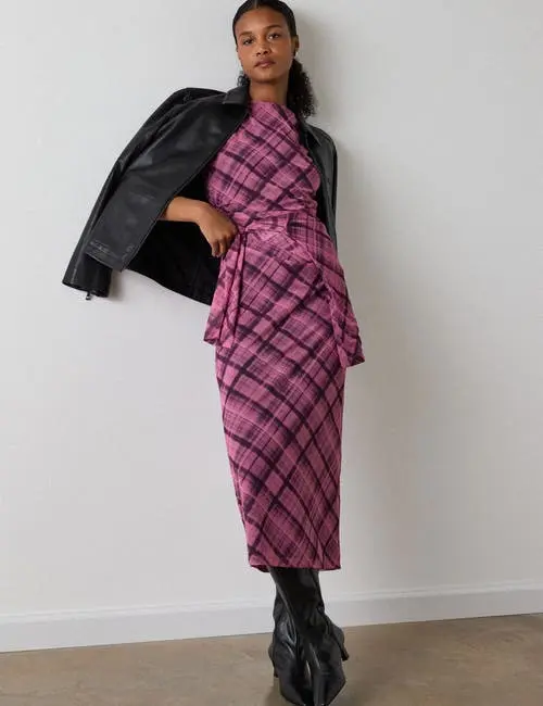 Whistles Twist Check Mesh Midi Dress