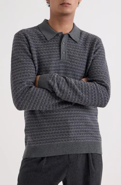 WAX LONDON Oban Geometric Cotton Long Sleeve Polo - Grey