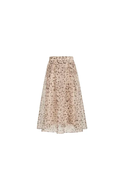Brunello Cucinelli Lynx Print Silk Organza Pleated Skirt