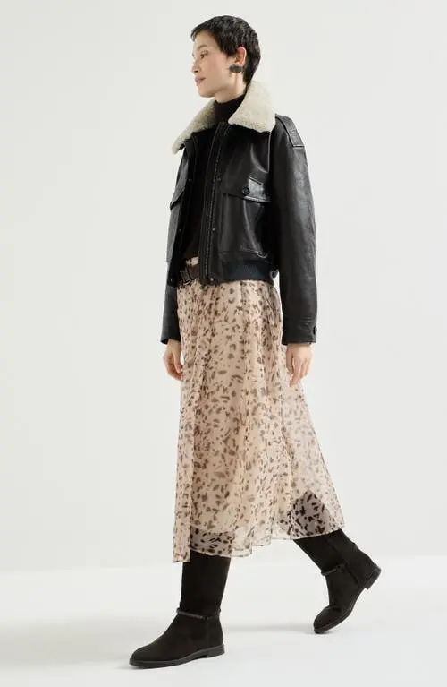 Brunello Cucinelli Lynx Print Silk Organza Pleated Skirt