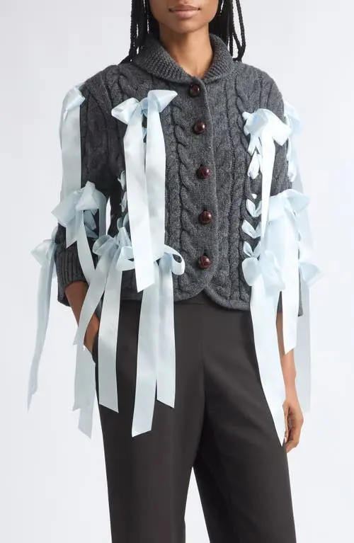 Sandy Liang Cobble Bow Cable Knit Wool Cardigan