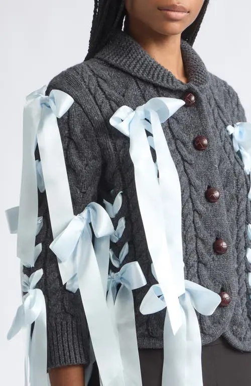Sandy Liang Cobble Bow Cable Knit Wool Cardigan