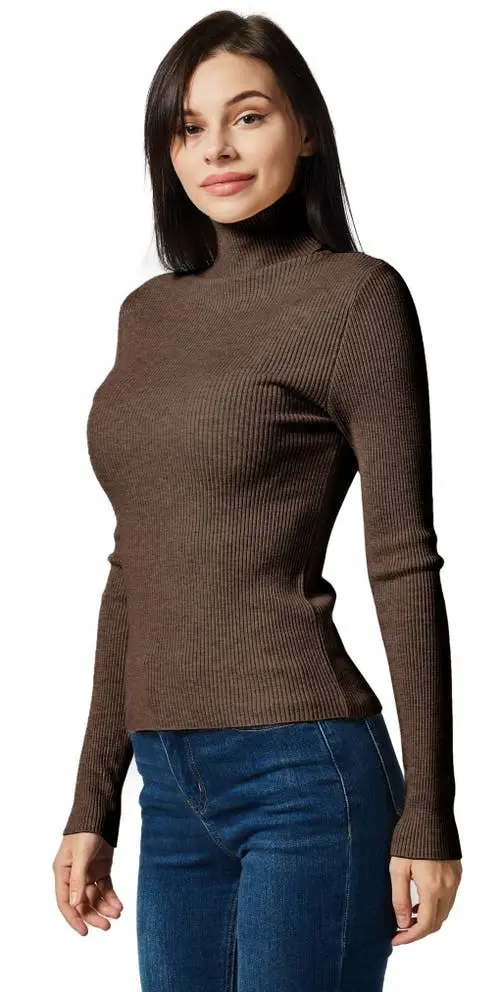ZILPU Slim Fit Ribbed Turtleneck Sweater Top - Brown