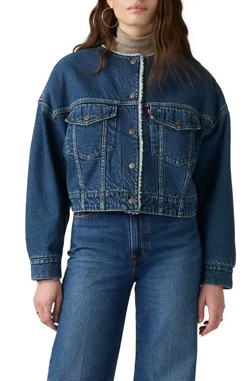 LEVI'S Collarless Fleece Lined Crop Denim Trucker Jacket - Rogue Rumor
