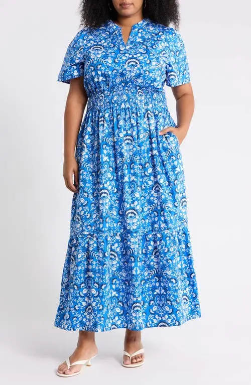 SUGARLIPS Lulu Floral Smocked Cotton Poplin Maxi Dress - Light-blue-white