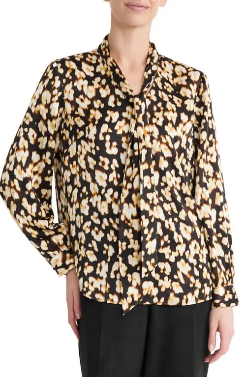 KASPER Tie Neck Satin Top - Rich Chocolate Multi