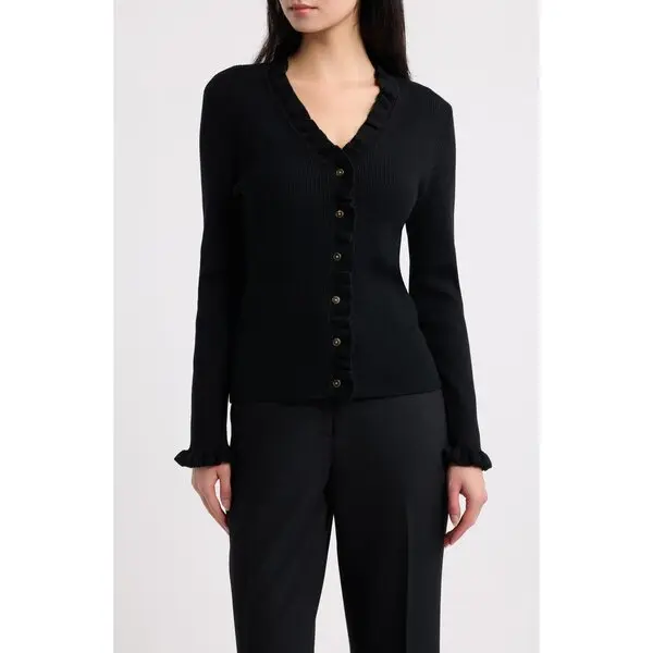 TAHARI ASL Ruffled Neck Cardigan - Black
