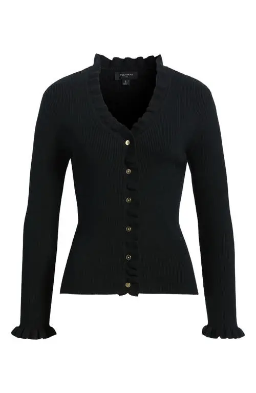 TAHARI ASL Ruffled Neck Cardigan - Black