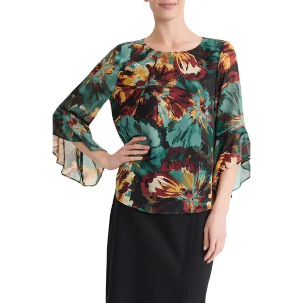 KASPER Ruffle Sleeve Floral Chiffon Top