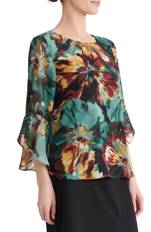 KASPER Ruffle Sleeve Floral Chiffon Top