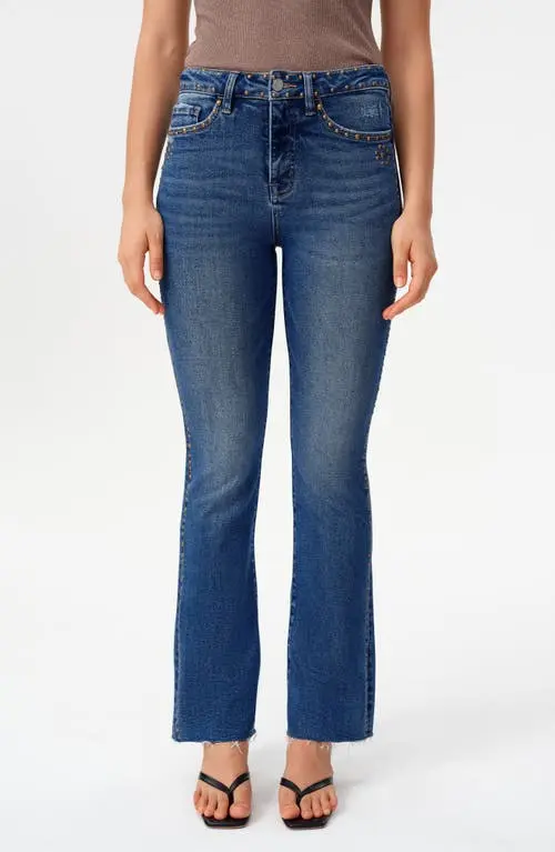 BAYEAS Rivet Studded High Waist Raw Hem Bootcut Jeans