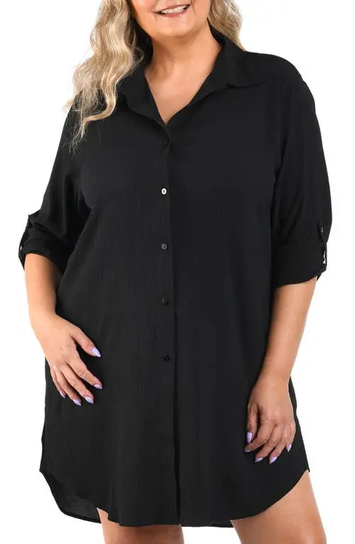 MAXINE OF HOLLYWOOD Crinkle Crepe Swim Cover-up Camp Shirt - Black