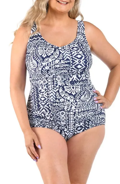 MAXINE OF HOLLYWOOD Bohemia Ruched V-neck One-piece Swimsuit - Indigo
