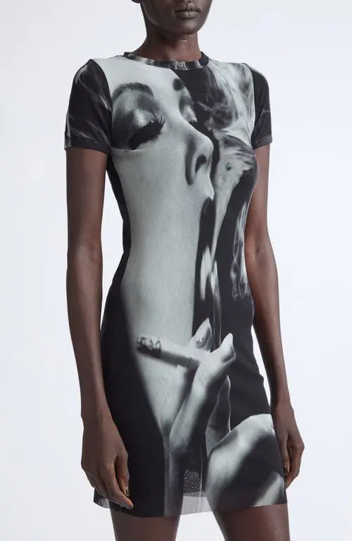 JEAN PAUL GAULTIER Smoking Printed Mesh Minidress - Black/grey/white