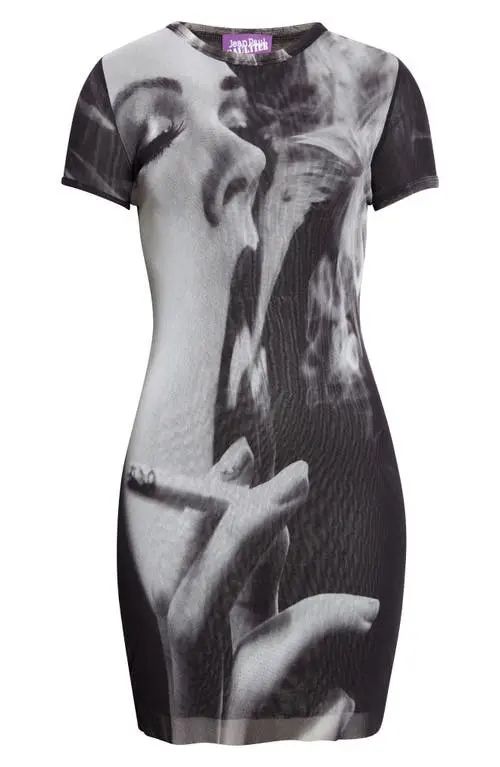 JEAN PAUL GAULTIER Smoking Printed Mesh Minidress - Black/grey/white