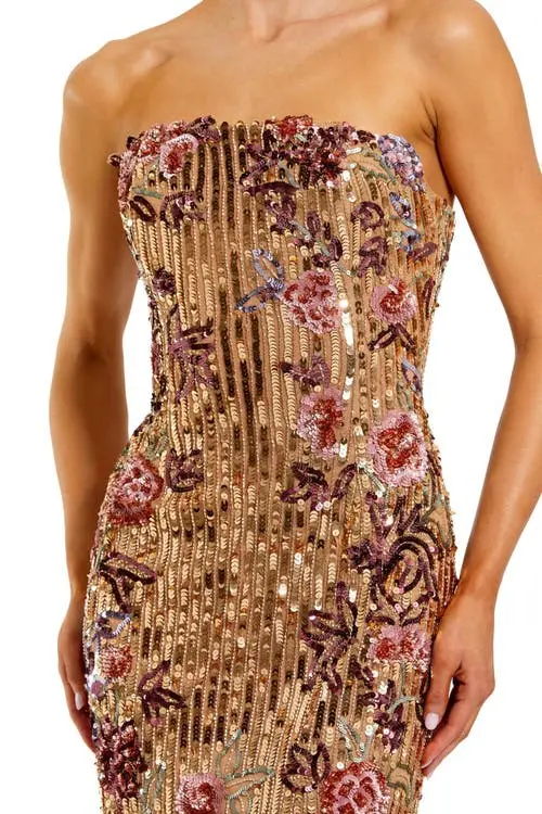 Mac Duggal Floral Sequin Mesh Strapless Column Ankle Dress - Gold Multi