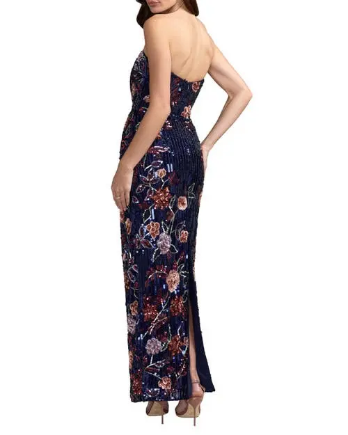Mac Duggal Floral Sequin Mesh Strapless Column Ankle Dress - Midnight Multi