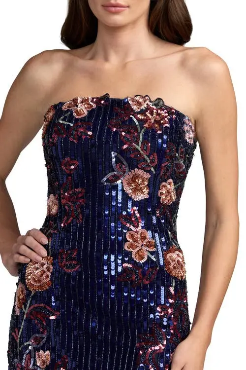 Mac Duggal Floral Sequin Mesh Strapless Column Ankle Dress - Midnight Multi