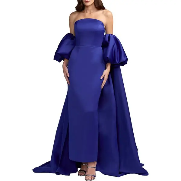 Mac Duggal Strapless Puff Sleeve Satin Gown With Cape