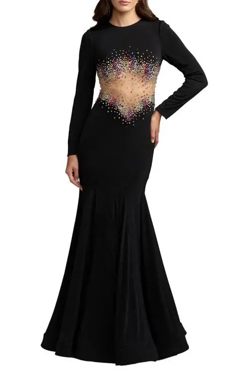 Mac Duggal Long Sleeve Sheer Detail Jersey Mermaid Gown